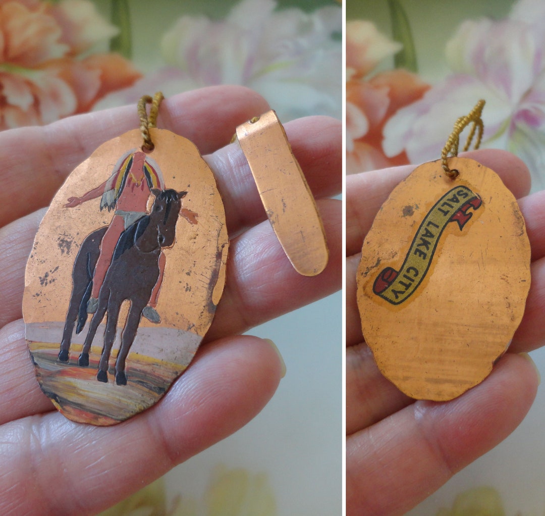Rare end of the Trail Painting on Copper Fob String Clip Fred Harvey ...