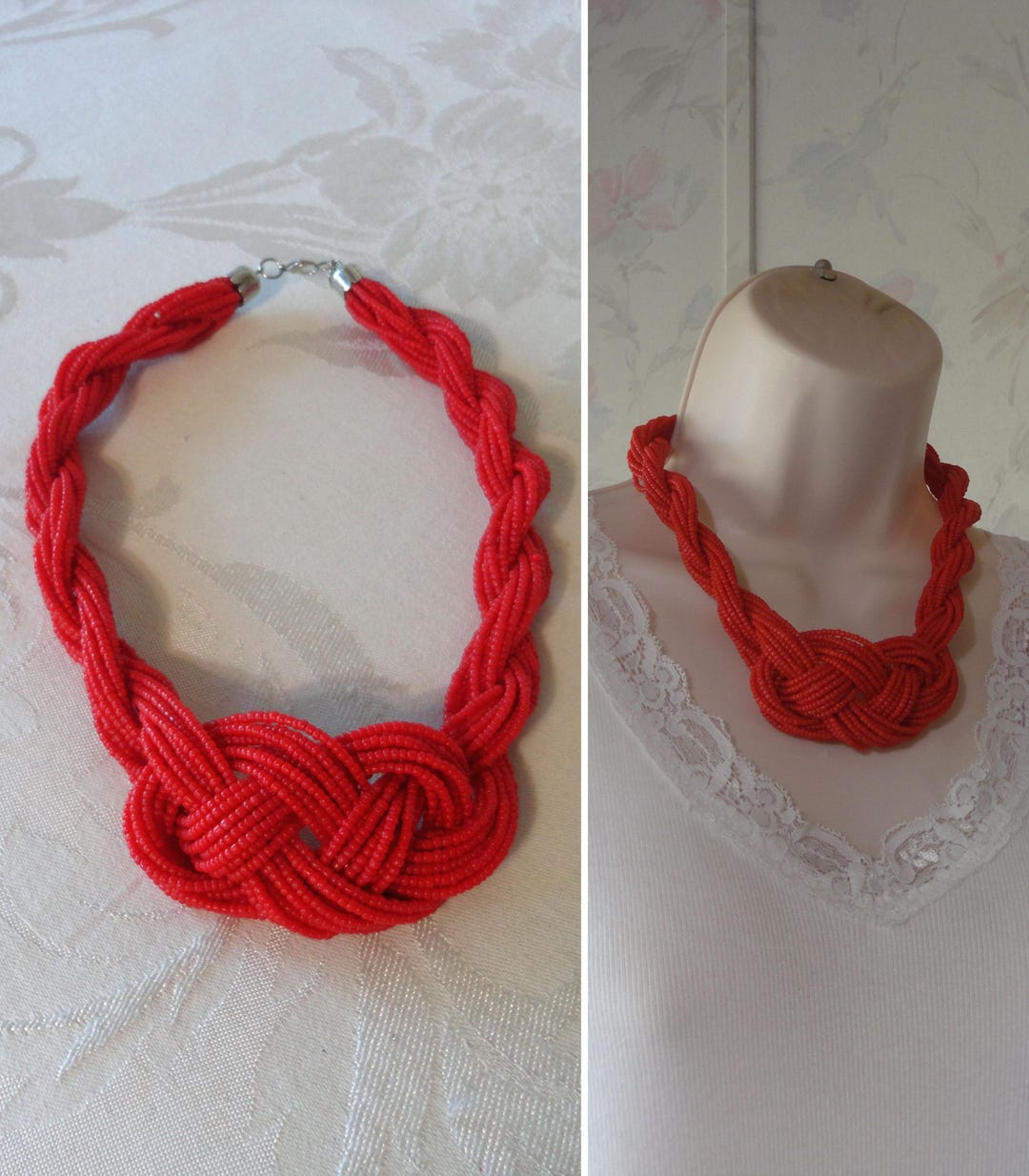 Vintage Seed Beaded Torsade Necklace Twisted Multiple Strands Matte Red ...