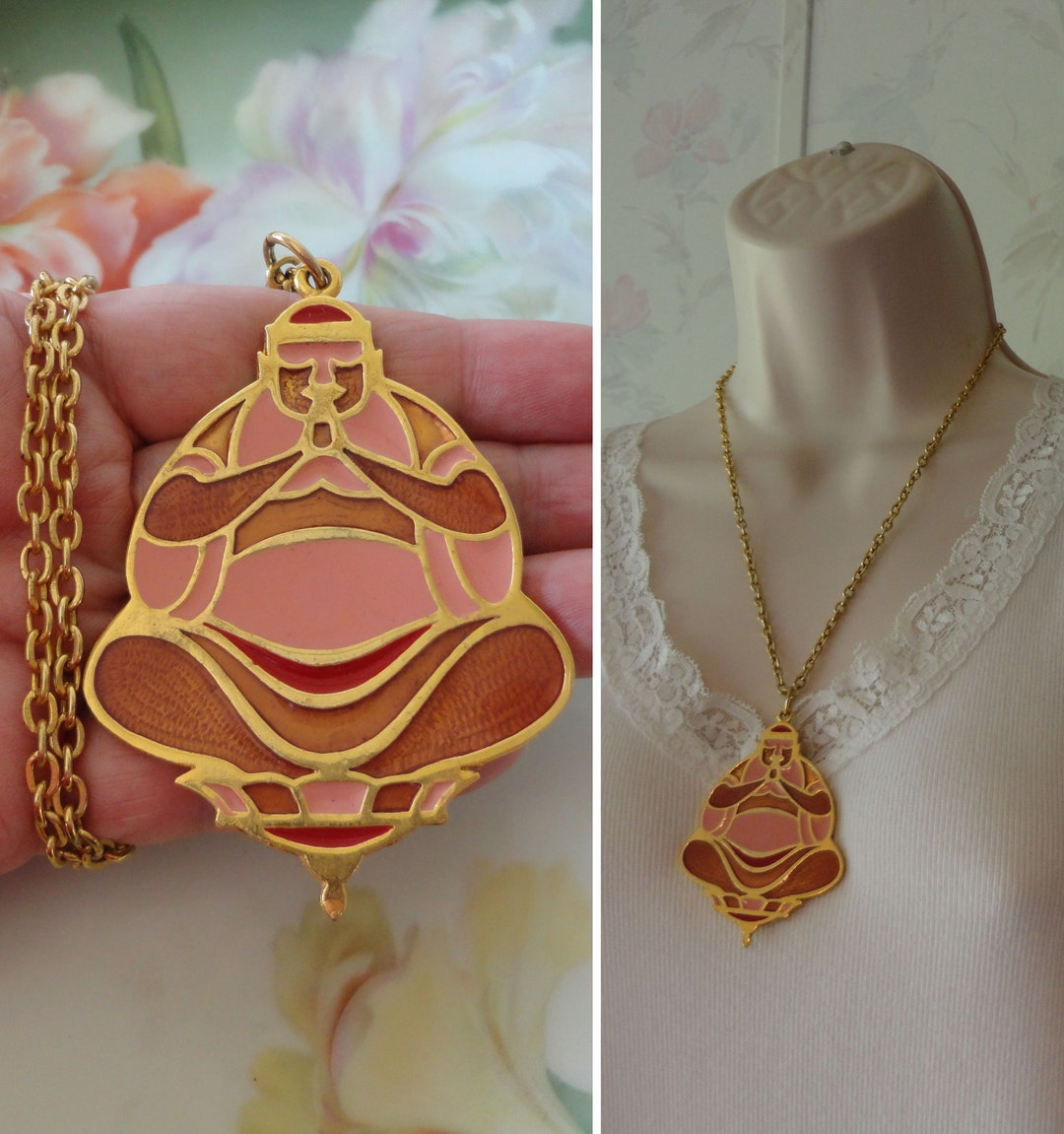 Vintage Enamel Genie Jinn Buddha Pendant 20" Chain Necklace Enamel ...
