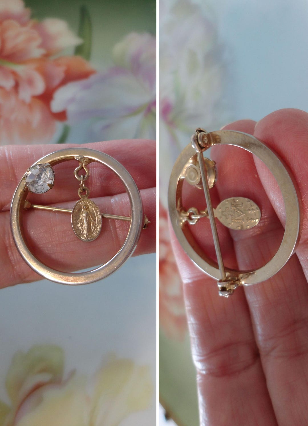 Vintage Catholic Miraculous Mary Medal Rhinestone Brooch Pin Prong Set ...