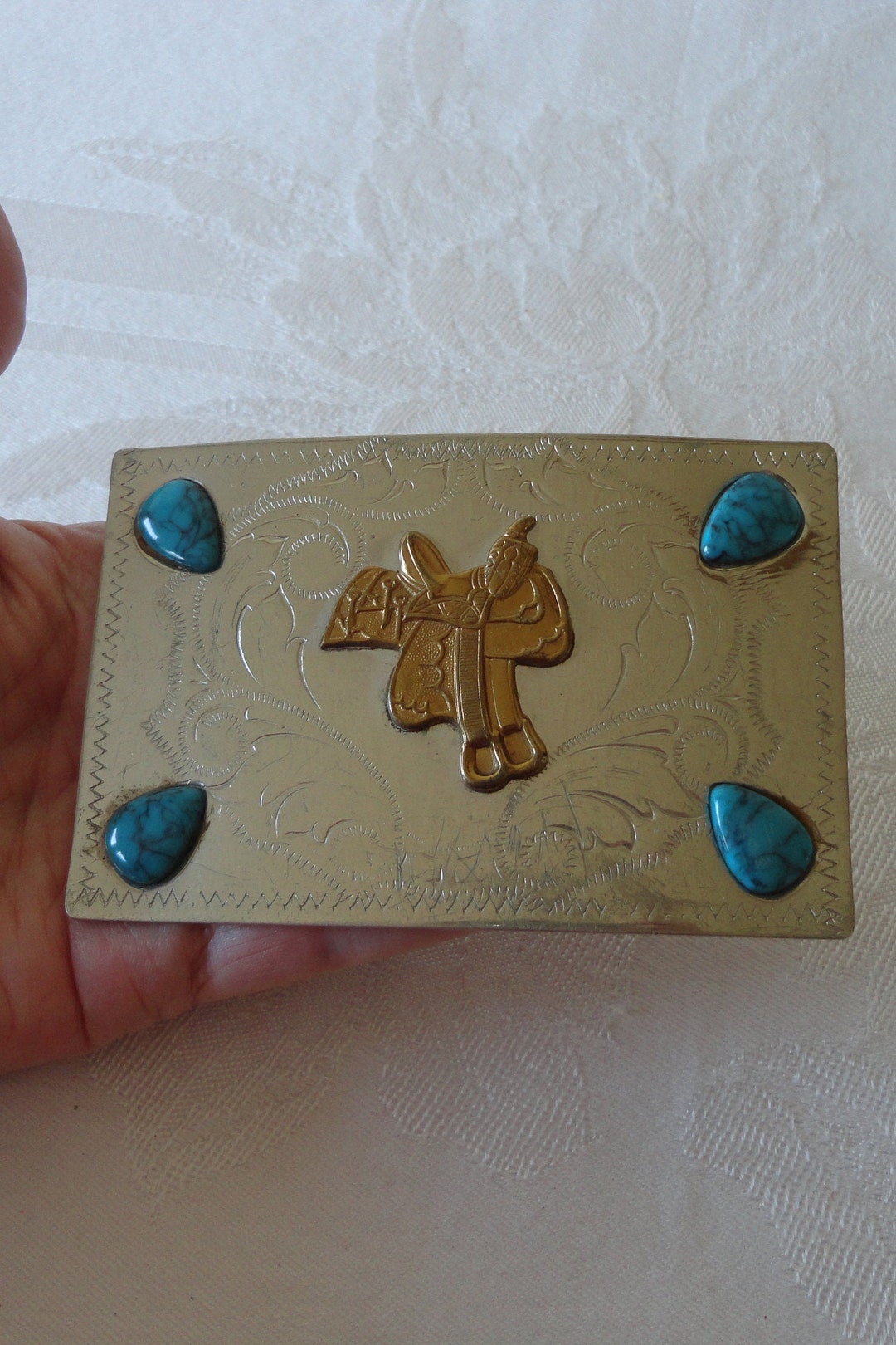 Vintage Western Nickel Silver Faux Turquoise Belt Buckle Brass Saddle ...