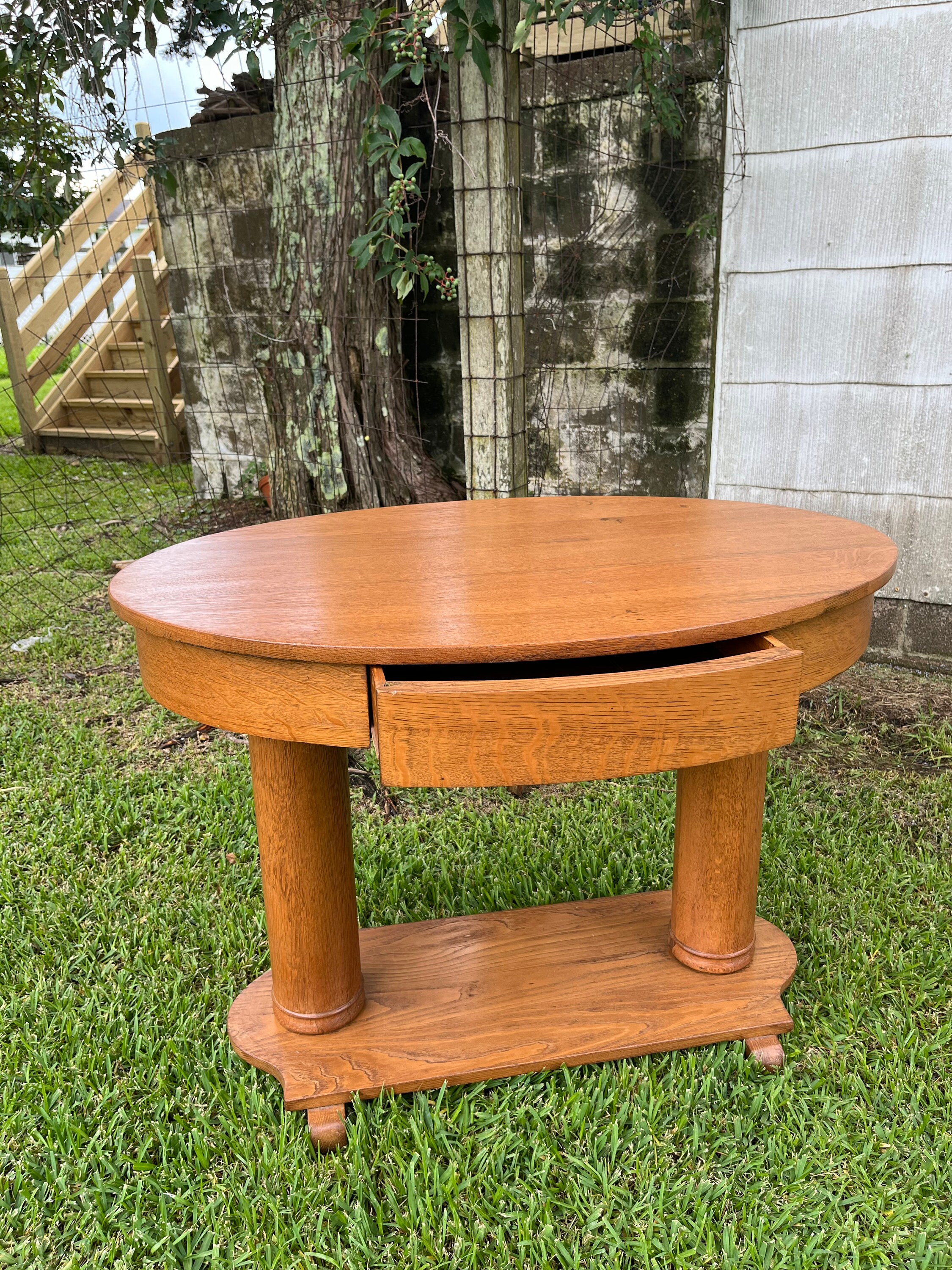 Vintage Quarter Sawn Oak Library Table Oval Empire Design Dual Pillar Single Drawer Antique Pedestal Etsy UK