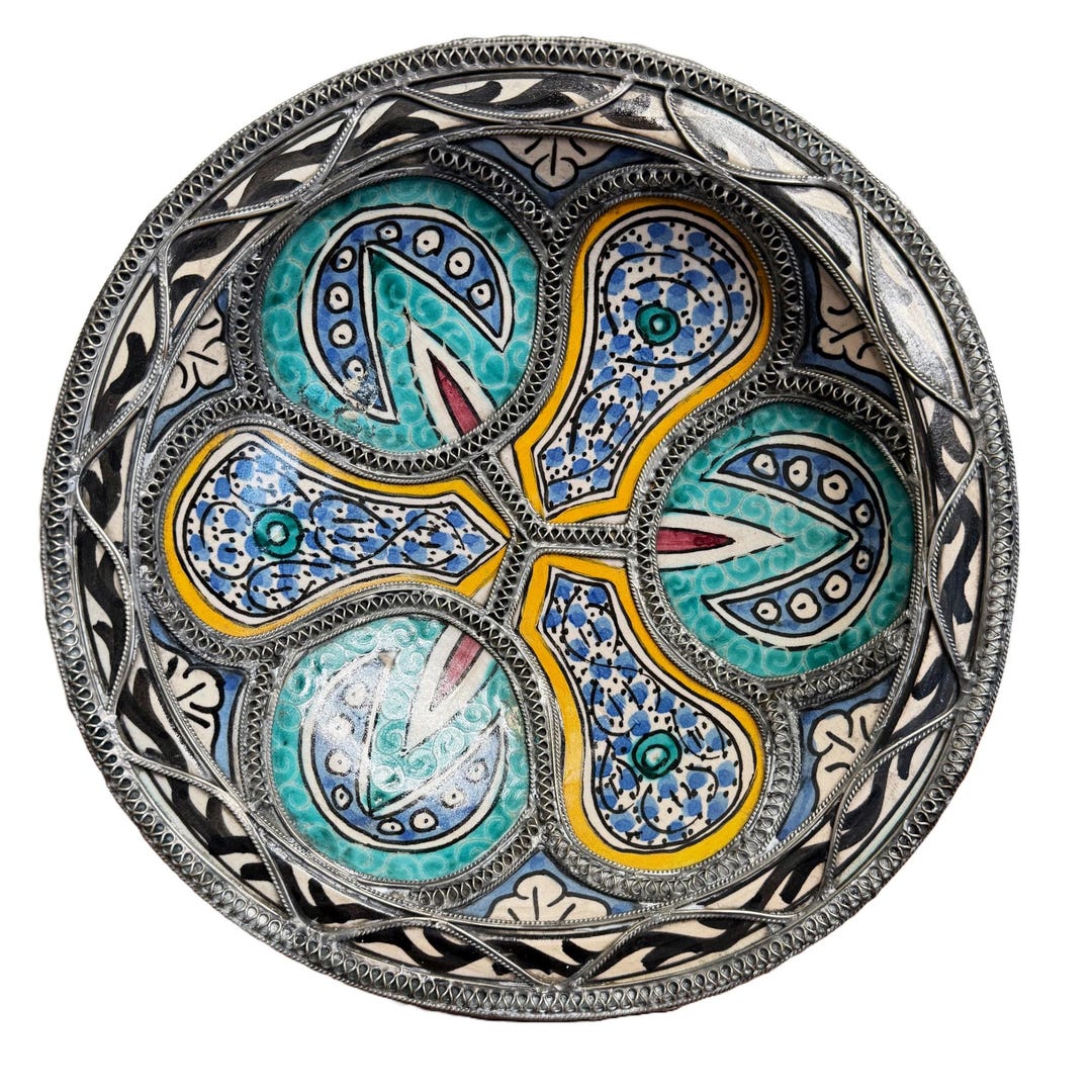 Vintage Moroccan Ceramic Bowl With Silver Filigree, Fez Pottery Plate ...