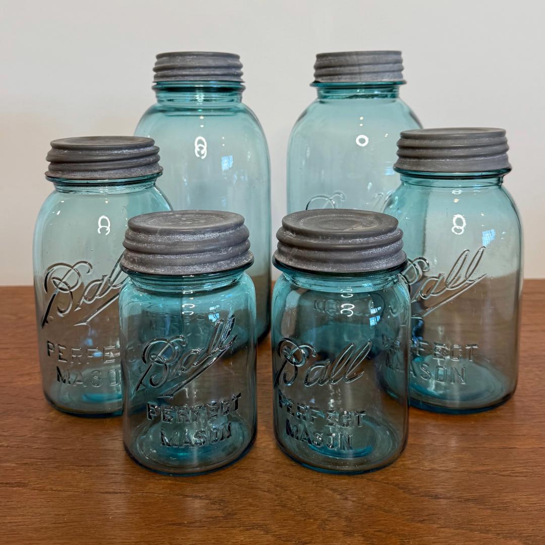 Vintage Ball Mason Jar Set, Choose Size, Light Blue Glass W/ Zinc Lids ...