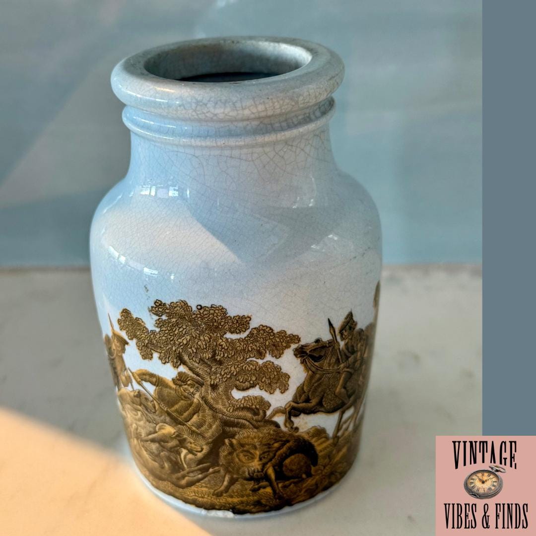 Antique, 1860s Blue Prattware Boar Hunt Transfer Jar, Rare 19th Century ...