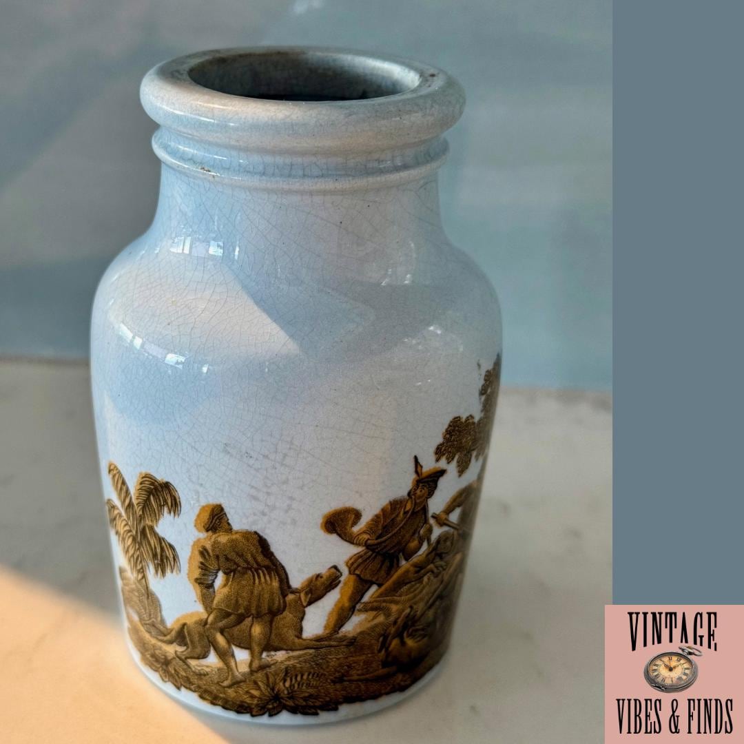 Antique, 1860s Blue Prattware Boar Hunt Transfer Jar, Rare 19th Century ...