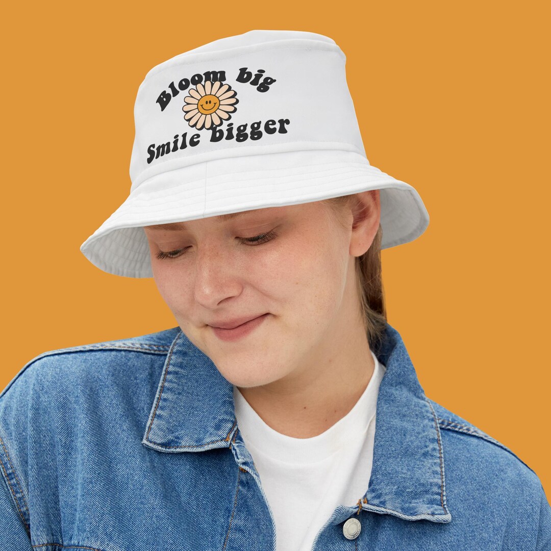 Smiley Retro Flower Bucket Hat, Bloom Big Smile Bigger, Floral Sun Hat ...