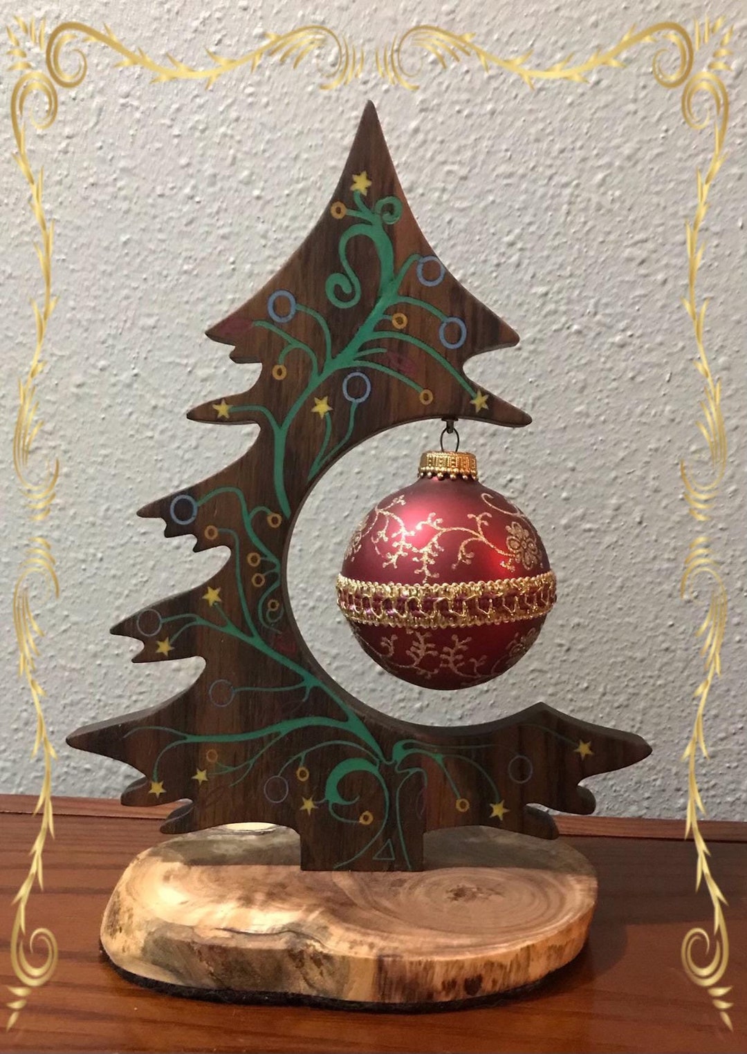 Engraved Wooden Christmas Tree With Glass Globe Ornament - Etsy