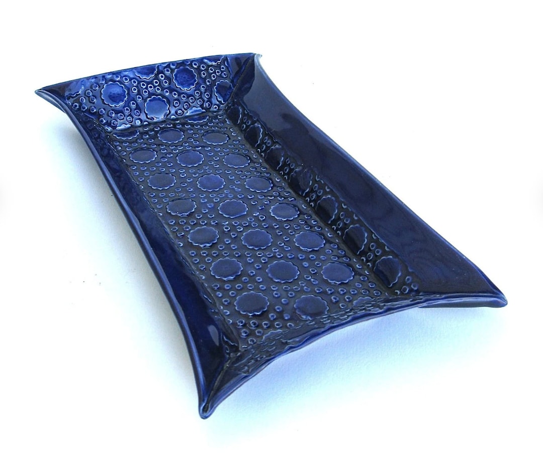 Retro Hand Built Porcelain Tray ... Ceramic Cobalt Dish ... Long Deep ...