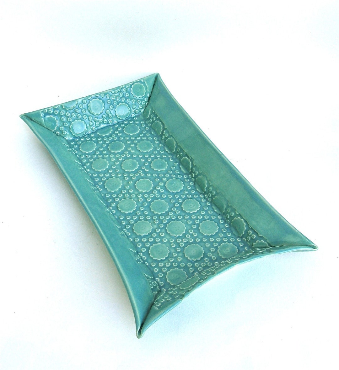 Festive Retro Hand Built Porcelain Tray ... Ceramic Jade Dish ... Long ...