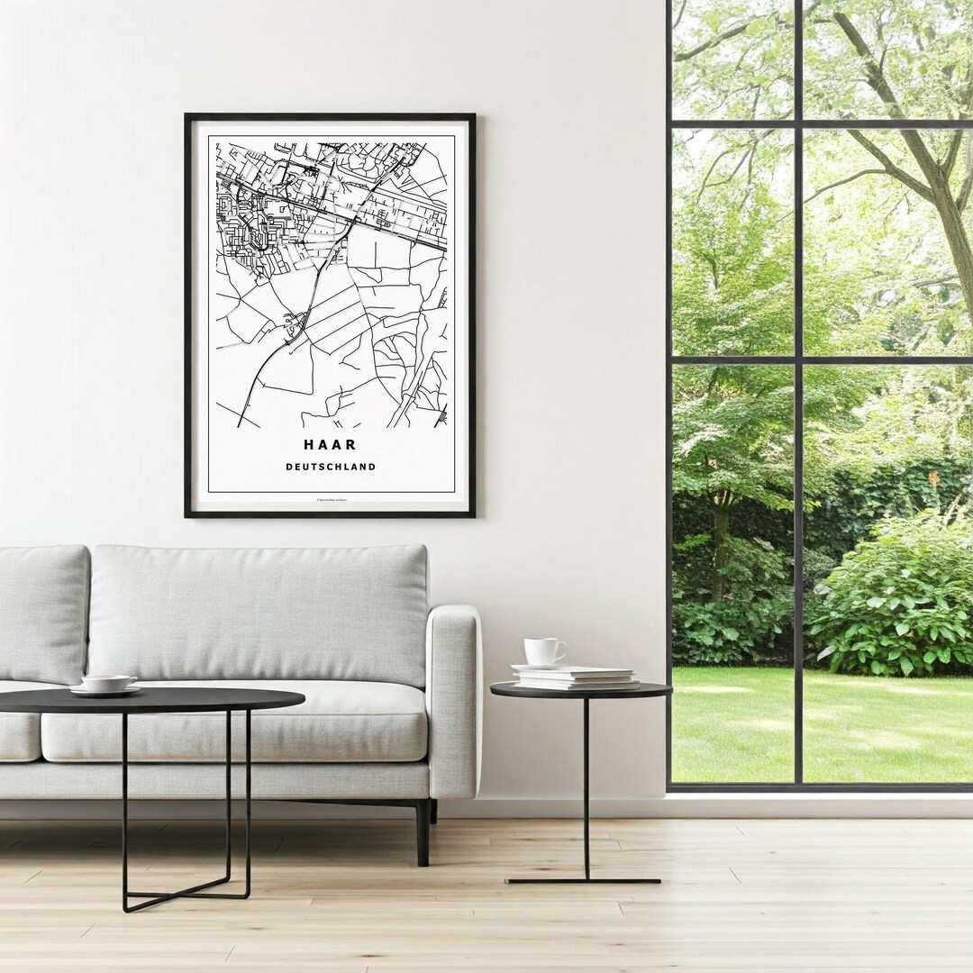 Digital Map of Haar, Germany A2 Printable Wall Art Black & White ...
