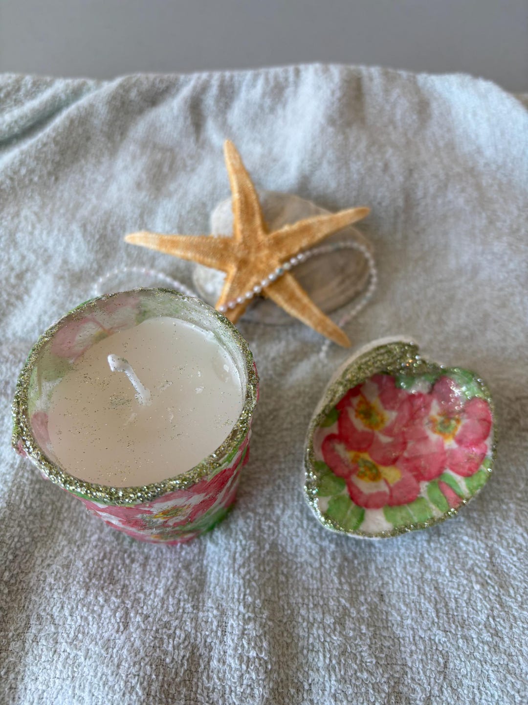 Soy Blend Candle in Pink Flower Decoupage Candle Holder With Matching ...