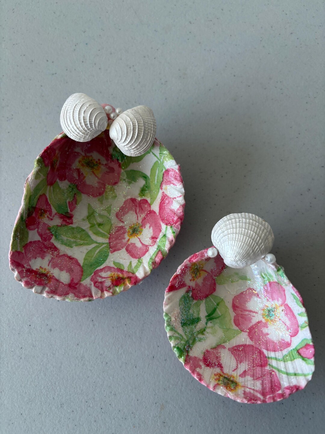 Two Pink Cockle Shell Floral Decoupage Trinket Holders-free Shipping ...