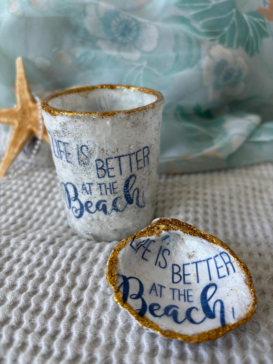 Glass Decoupage Candle Holder With Matching Clam Shell Trinket Holder ...