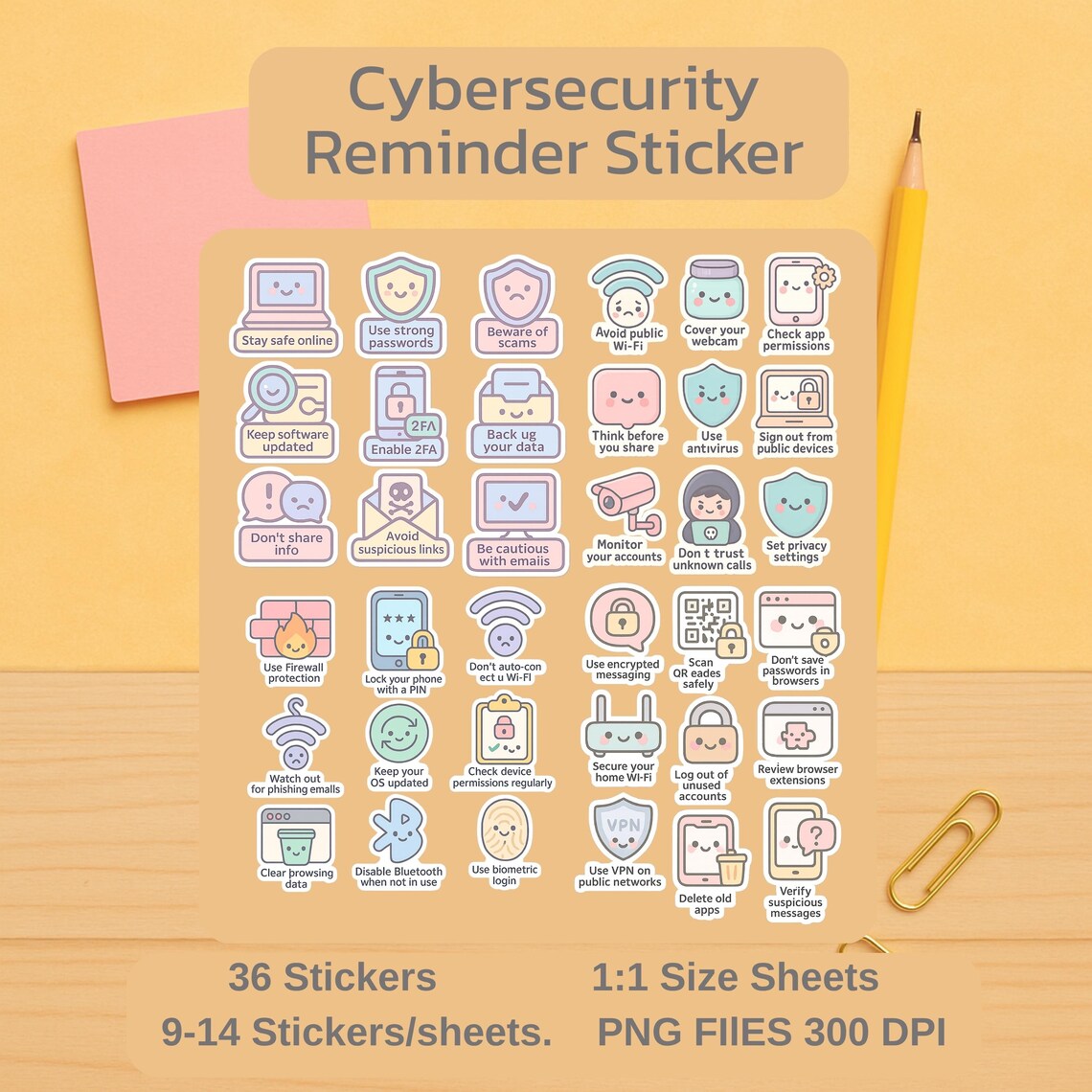 Cybersecurity Reminder Kawaii Stickers – Digital Planner PNG ...