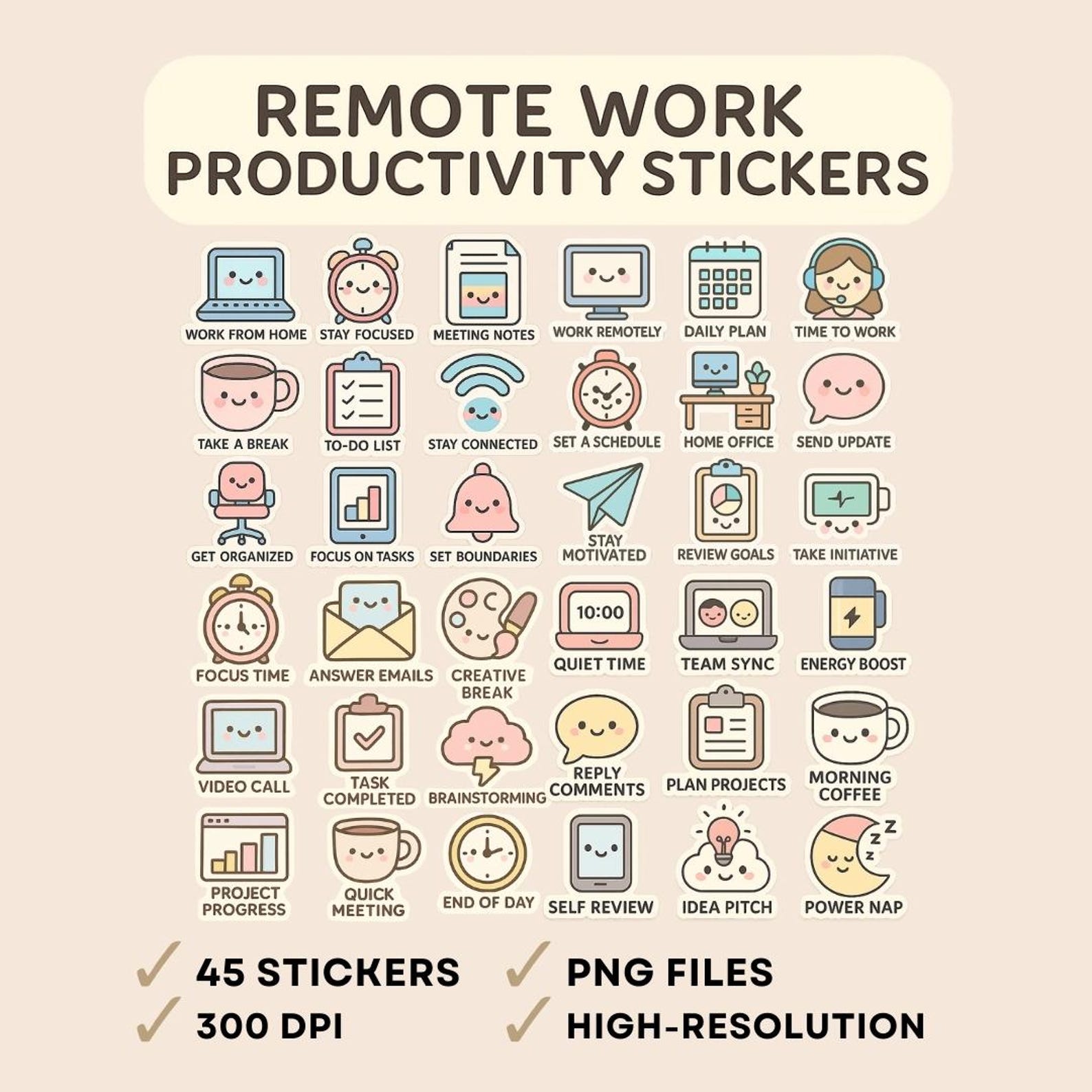 Remote Work Productivity Digital Stickers Set of 45 Cute High ...