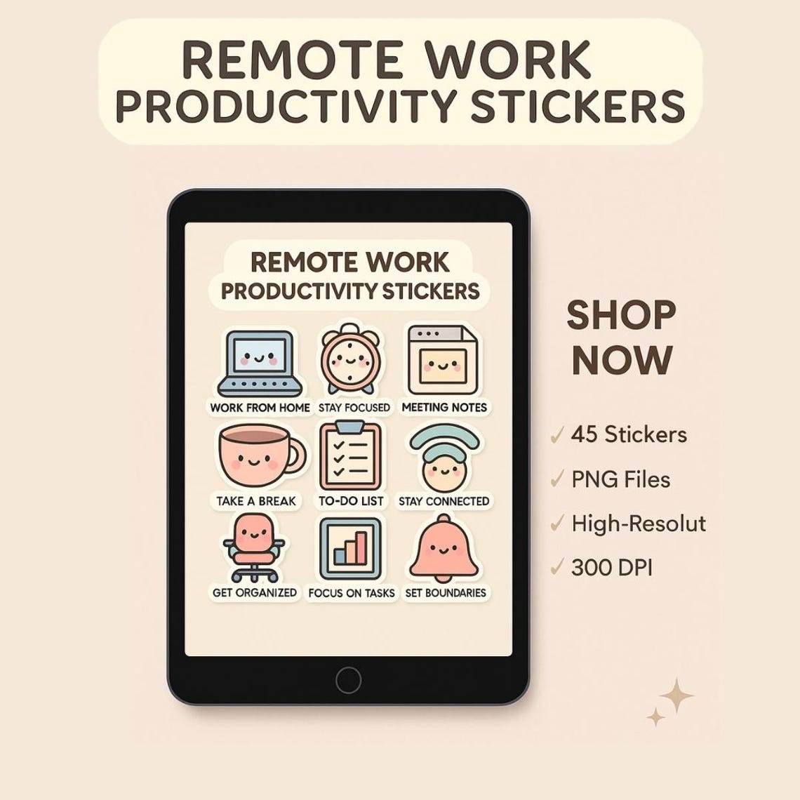 Remote Work Productivity Digital Stickers Set of 45 Cute High ...