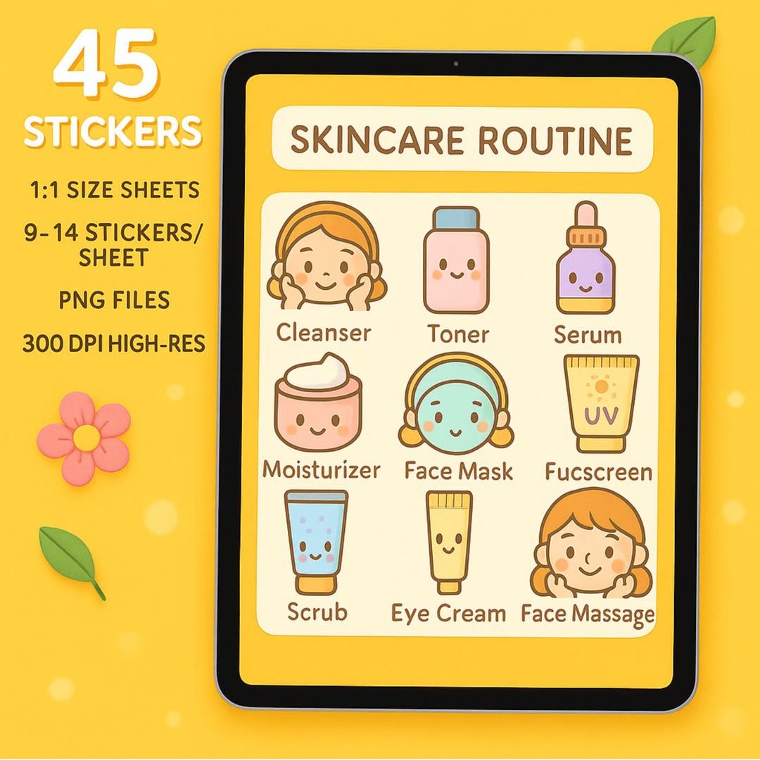 Skincare Routine Kawaii Stickers for Digital Planner | Pastel PNG ...