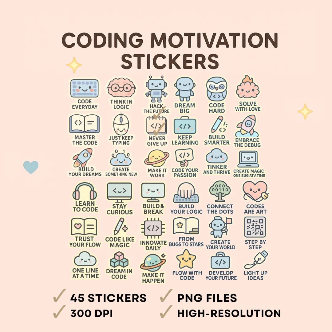Cute Coding Motivation Stickers Set, High Resolution 300 DPI PNG Files ...