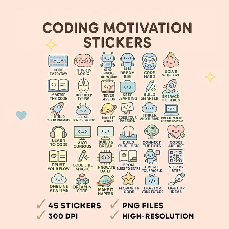 Cute Coding Motivation Stickers Set, High Resolution 300 DPI PNG Files ...