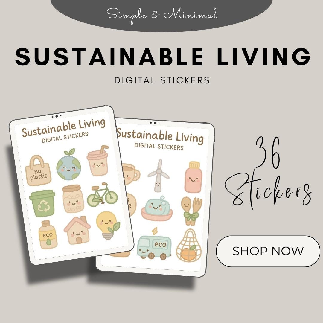 Sustainable Living Digital Stickers - Kawaii Eco Planner PNG Bundle ...