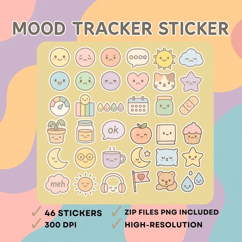 Cute Kawaii Mood Tracker Sticker Set PNG | 46 Digital Emotional ...