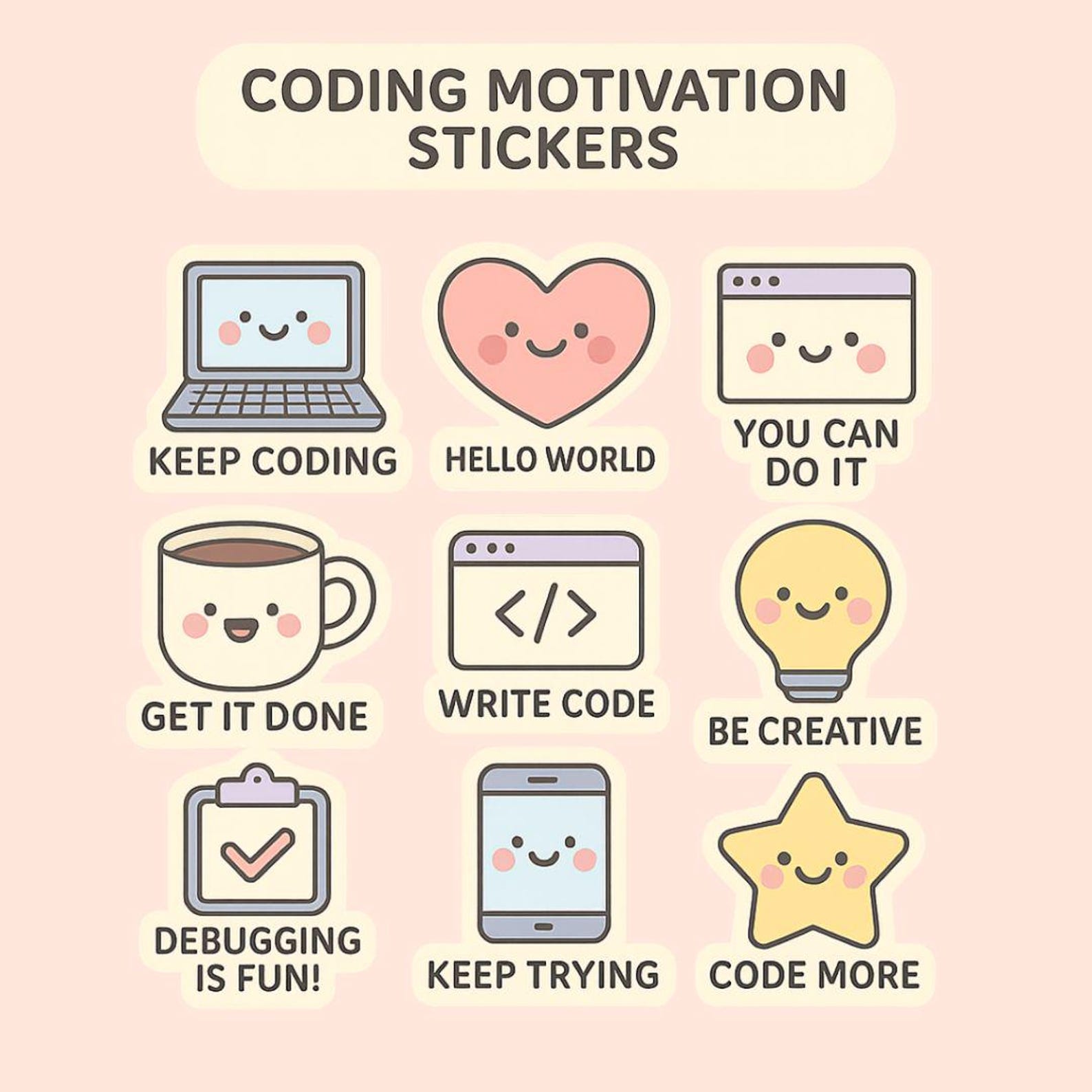 Cute Coding Motivation Stickers Set, High Resolution 300 DPI PNG Files ...