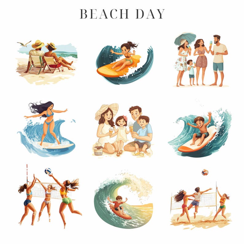 Beach Day Clipart: Sandcastle, Surfing, Sunbathing (PNG) - Etsy