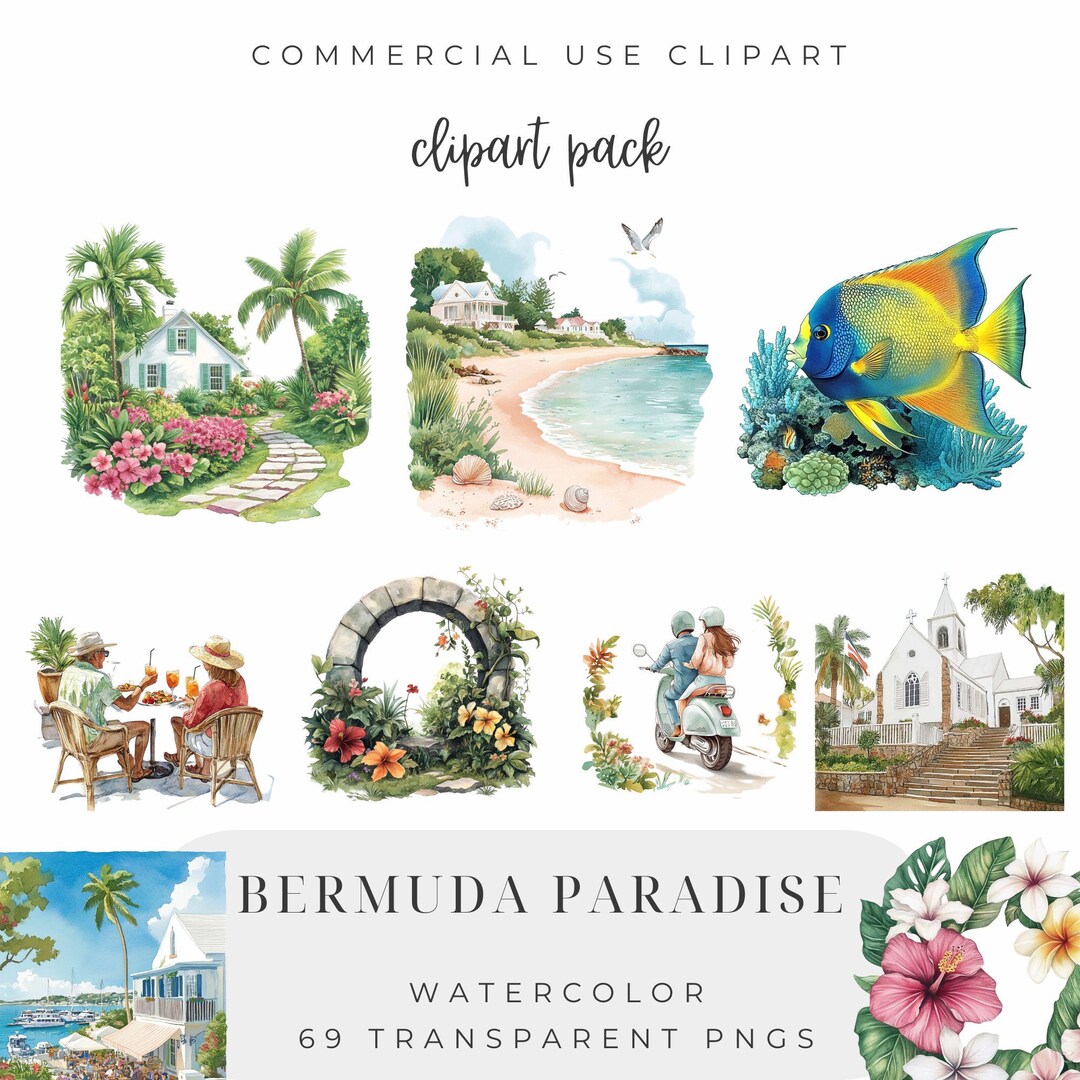 Bermuda Paradise Clipart: Watercolor Beaches, Reefs, Cottages (PNG) - Etsy