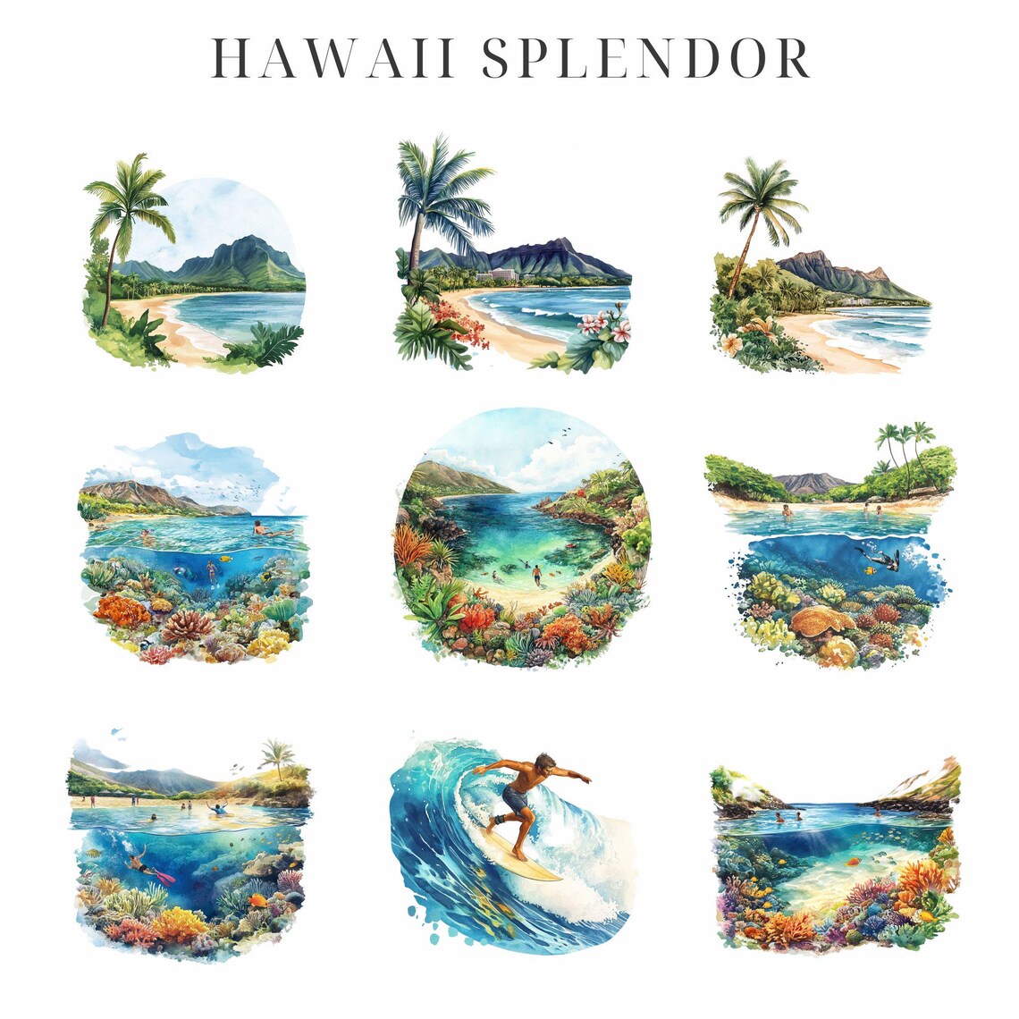 Hawaii Watercolor Clipart: Aloha Spirit PNG Set (digital Download) - Etsy