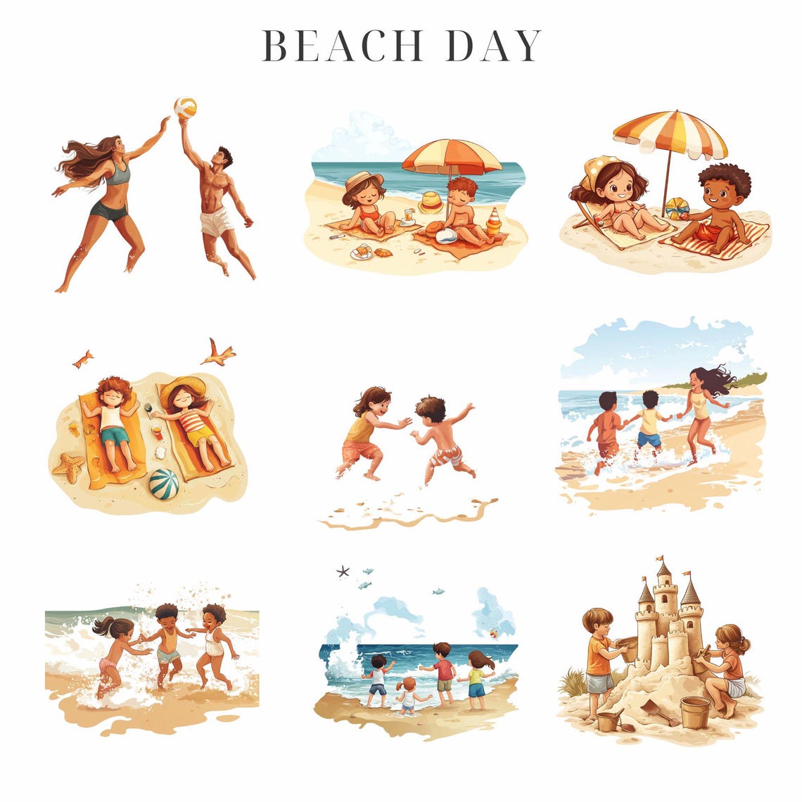 Beach Day Clipart: Sandcastle, Surfing, Sunbathing (PNG) - Etsy