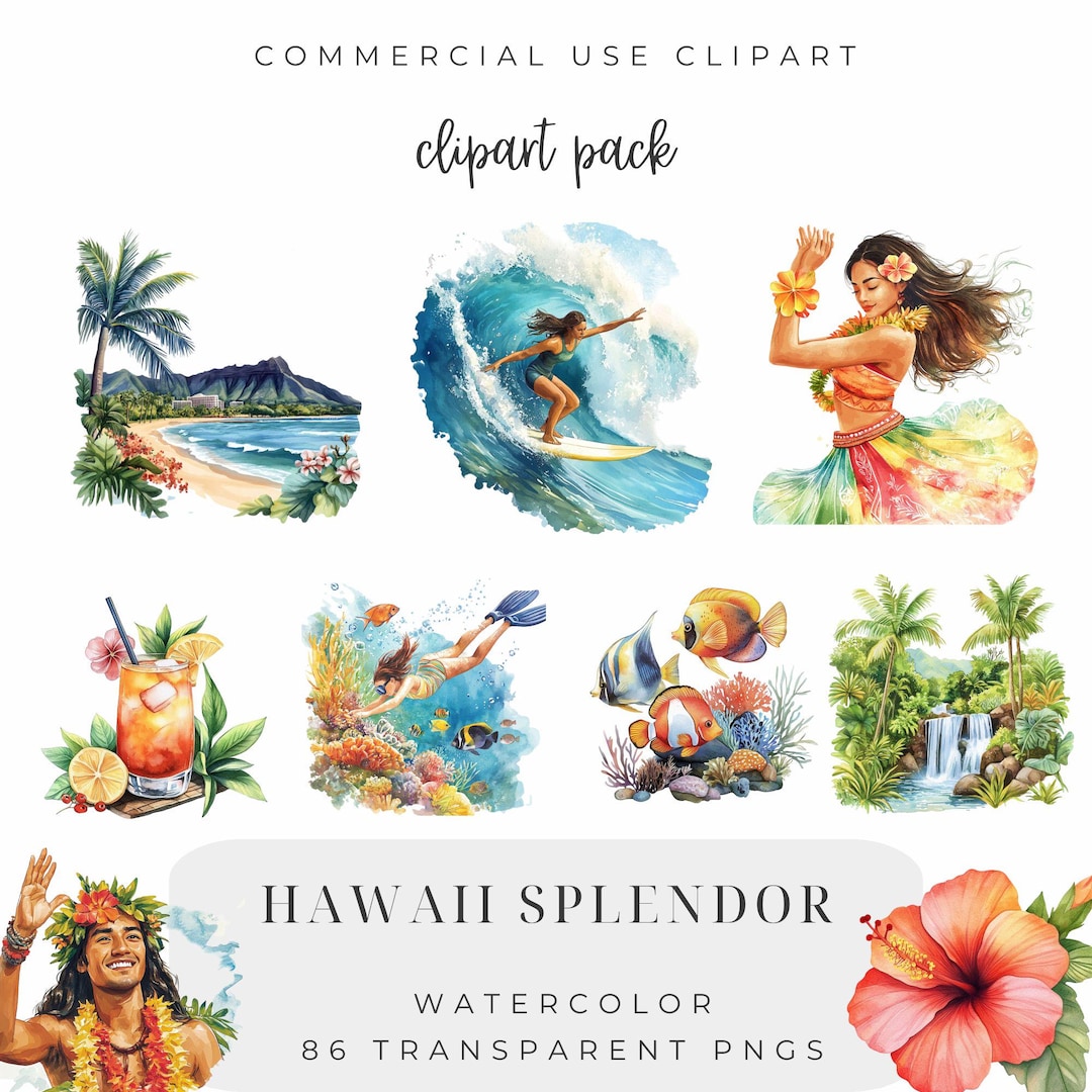 Hawaii Splendor Clipart, Hawaii Clipart, Oahu, Surfers, Beach, Luau ...
