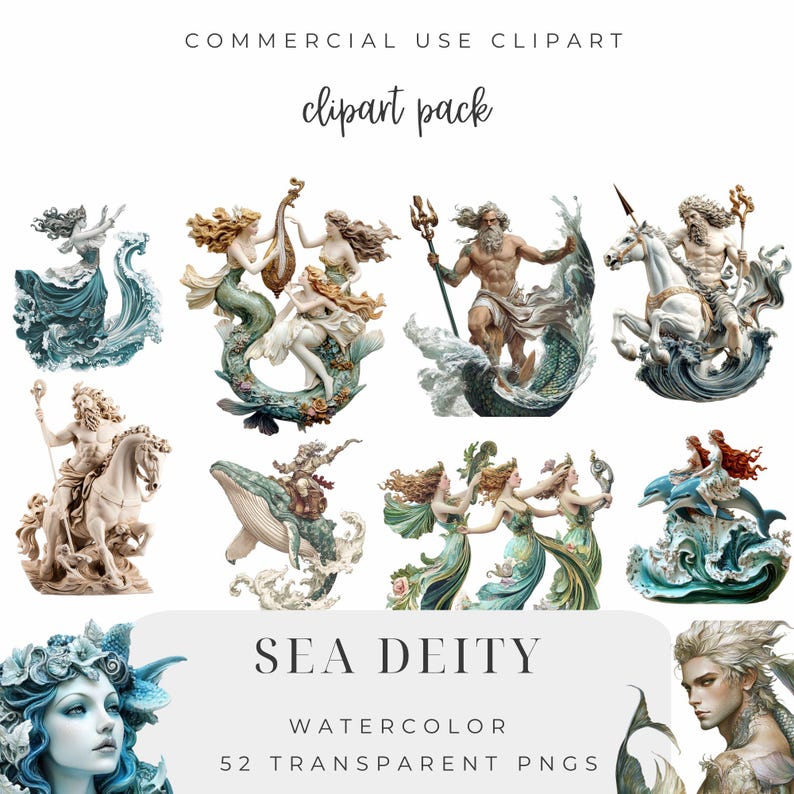 Sea Gods Clipart: Neptune, Mermaids, Sirens - 52 Pngs - Etsy