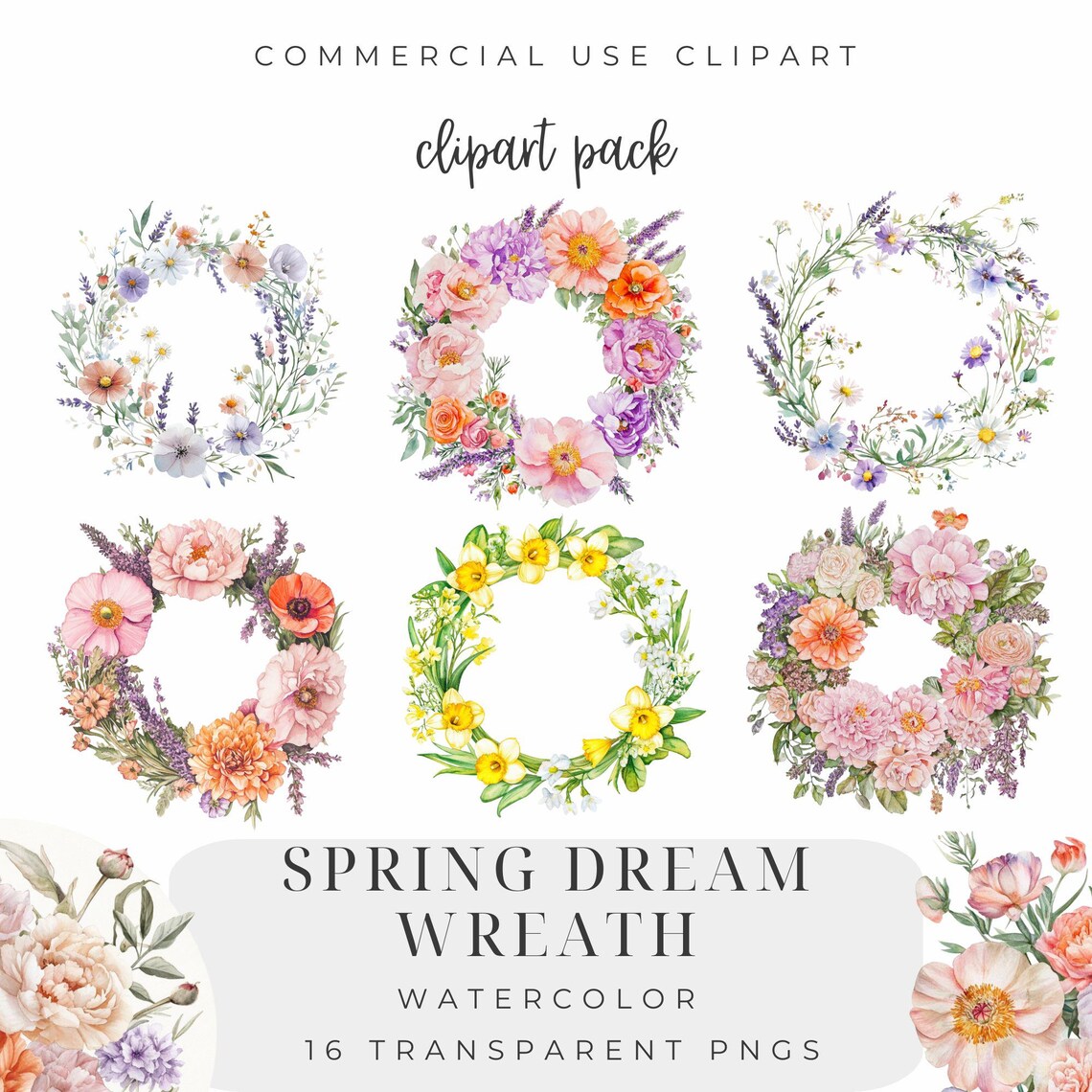 Watercolor Flower Wreath Clipart: Spring Dream PNG Set - Etsy