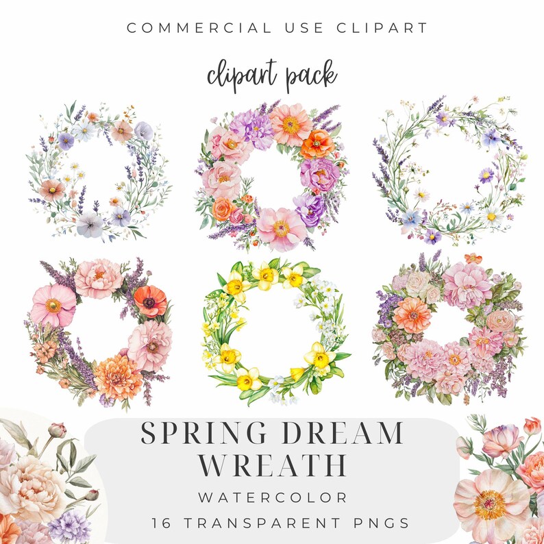 Watercolor Flower Wreath Clipart: Spring Dream PNG Set - Etsy