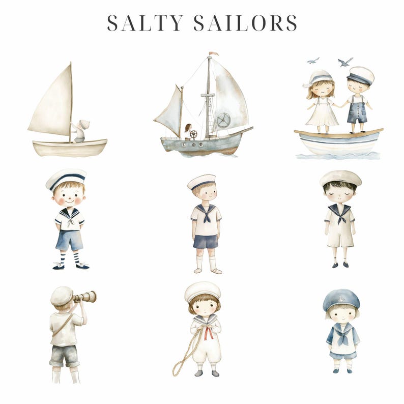 Salty Sailors Clipart: Nautical Nursery Art (PNG) - Etsy