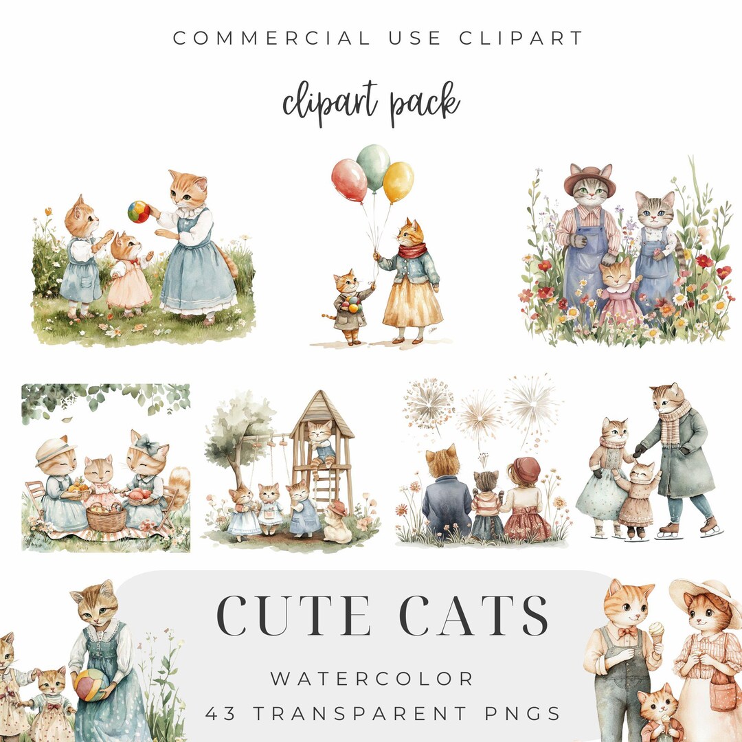 Cute Cats Nursery Clipart, Cute Clipart, Kids, Nursery Prints, Cats ...