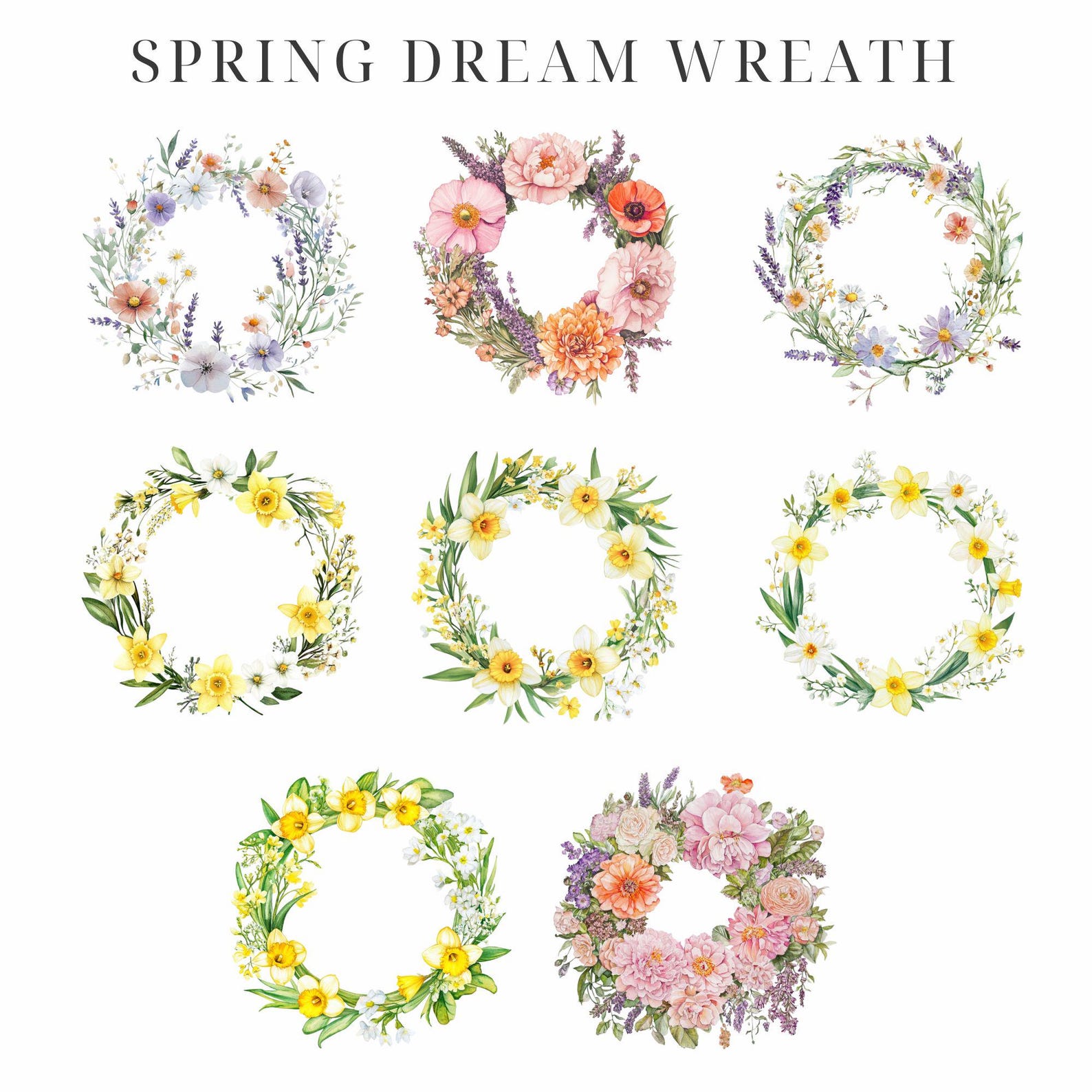 Watercolor Flower Wreath Clipart: Spring Dream PNG Set - Etsy