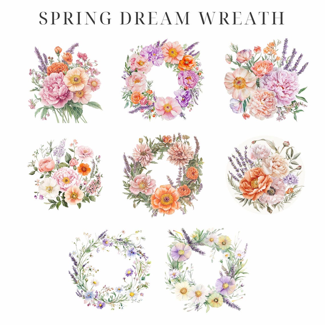 Watercolor Flower Wreath Clipart: Spring Dream PNG Set - Etsy