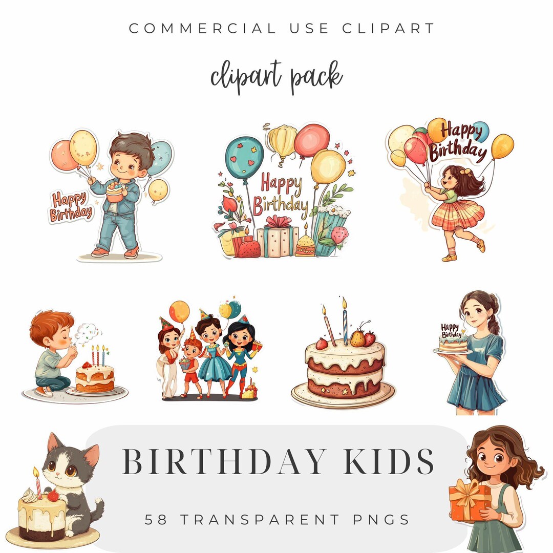 Birthday Kids Clipart, Birthday Clipart, Cake, Balloons, Party ...