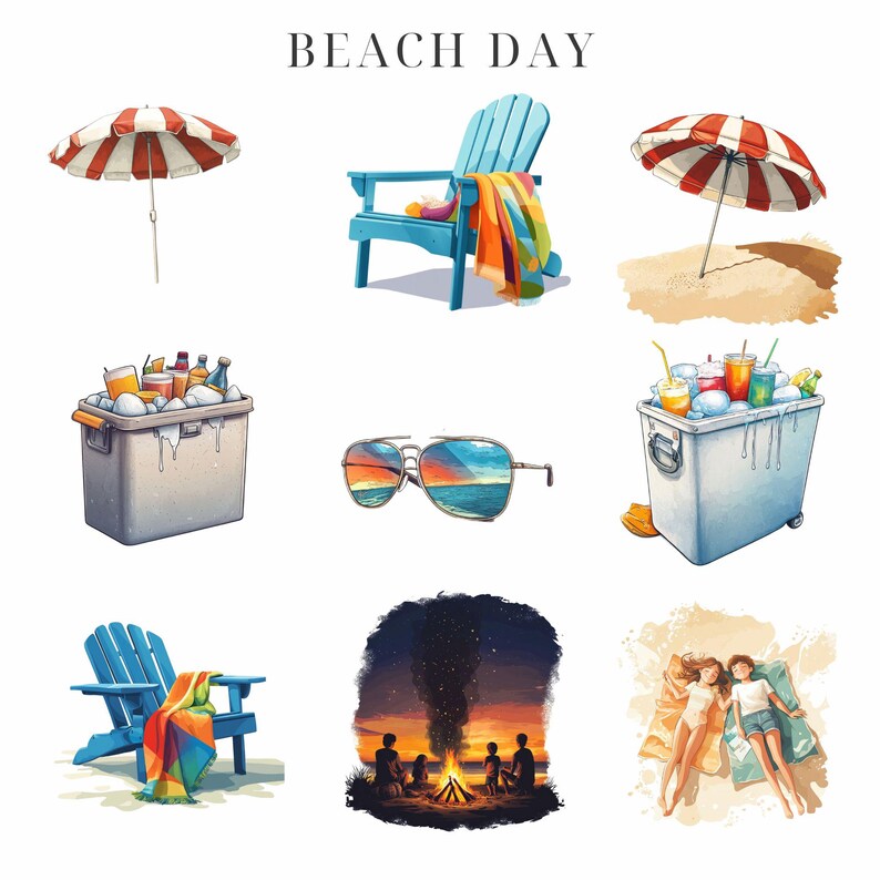 Beach Day Clipart, Beach Clipart, Sandcastle, Volleyball, Swimming ...