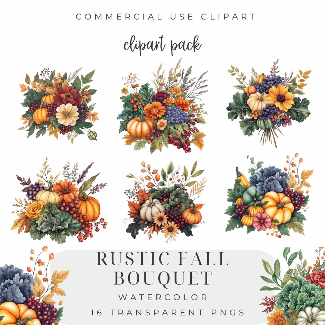 Watercolor Fall Bouquet Clipart: Rustic Autumn Flowers (PNG Digital ...