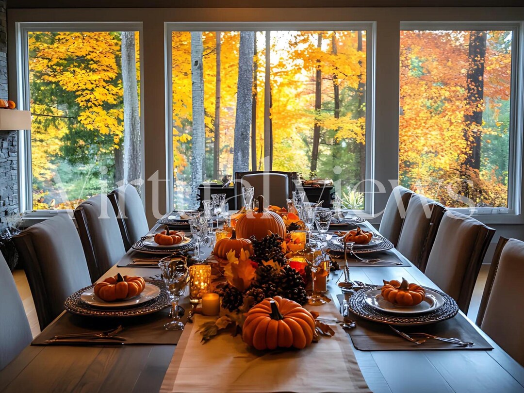 Thanksgiving Dinner Table Zoom Background, Autumn Setting for Virtual ...