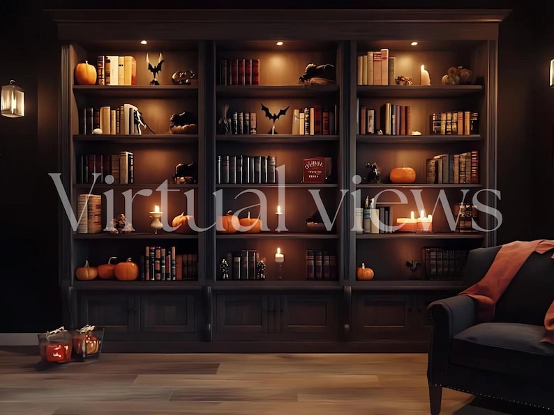 Halloween Zoom Background: Cozy Bookcase Decor, Virtual Backdrop for ...