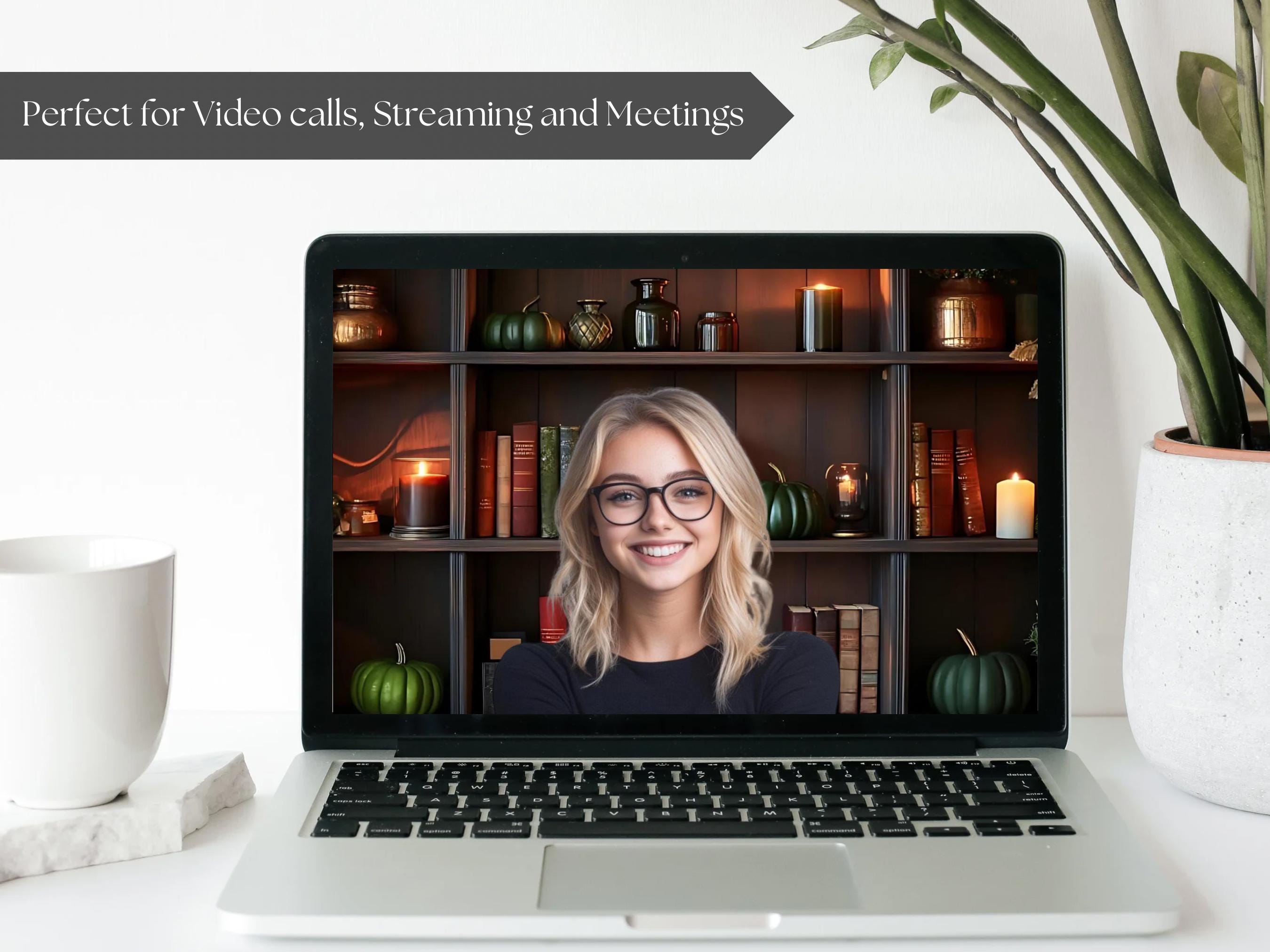Cozy Fall Bookshelf Virtual Background: Pumpkins & Candles (digital ...