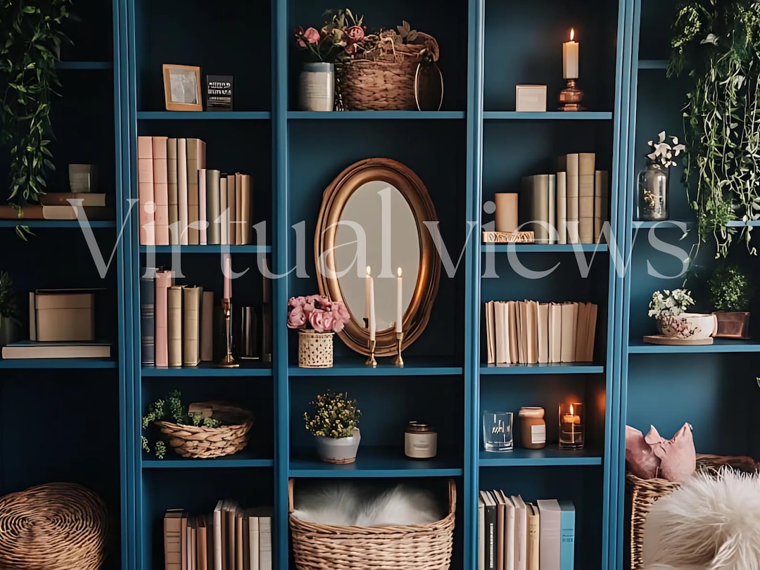 Blue Cozy Bookcase Background | Virtual Zoom Backdrop | Feminine ...