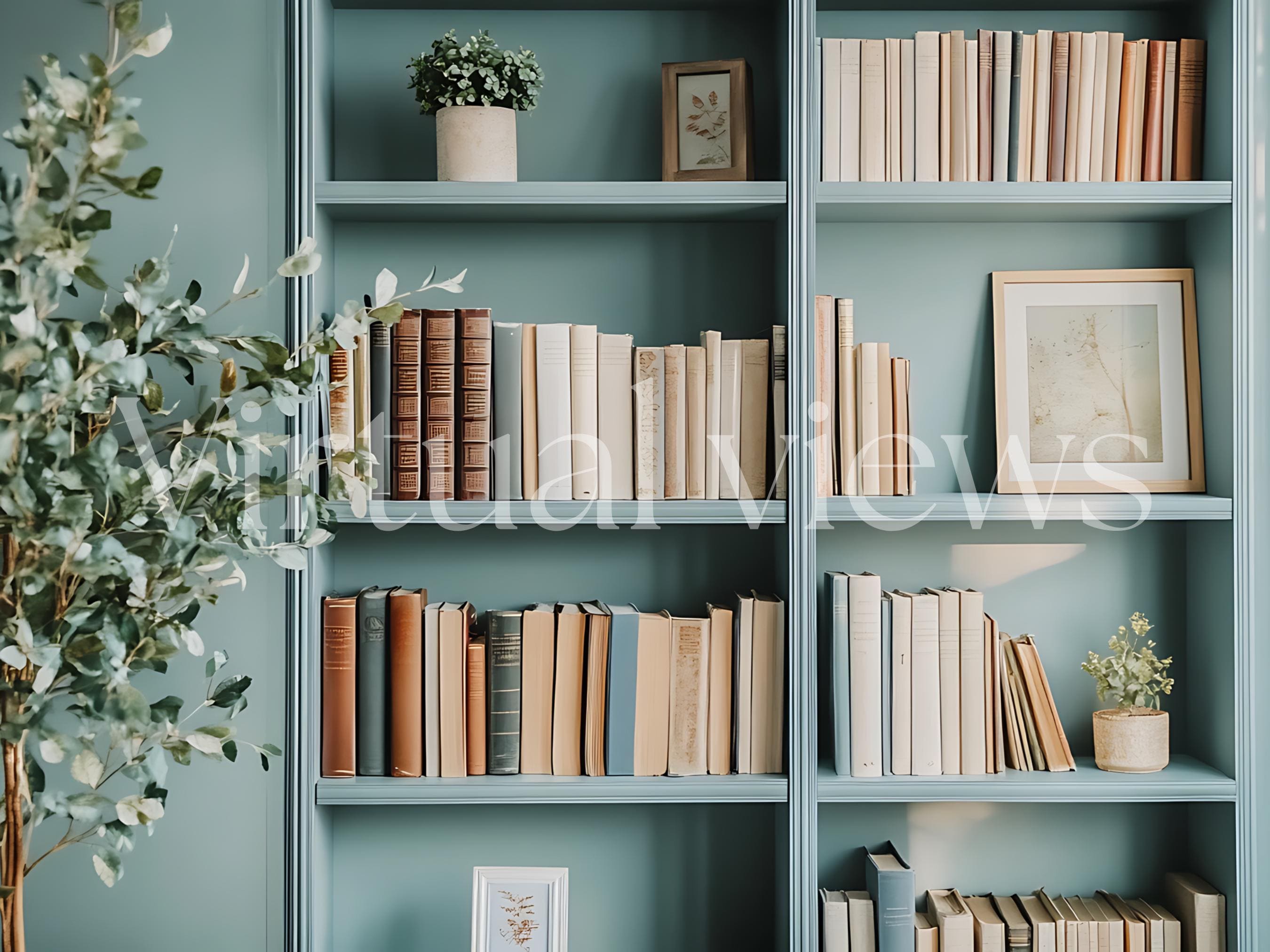 Blue Bookcase Zoom Background: Virtual Office Backdrop (digital ...