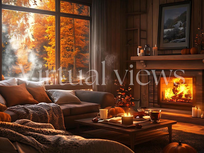 Cozy Fall Living Room Zoom Background: Rustic Fireplace (digital ...