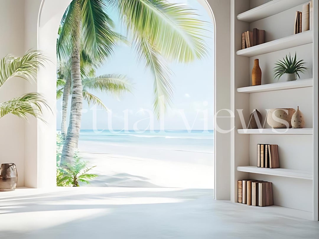 Tropical Palm Trees Zoom Background, Villa Holiday Bookcase, Virtual ...