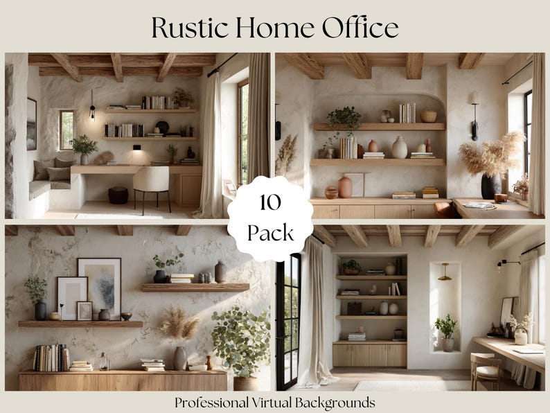 Rustic Home Office Zoom Backgrounds: Boho Virtual Backdrop Pack ...